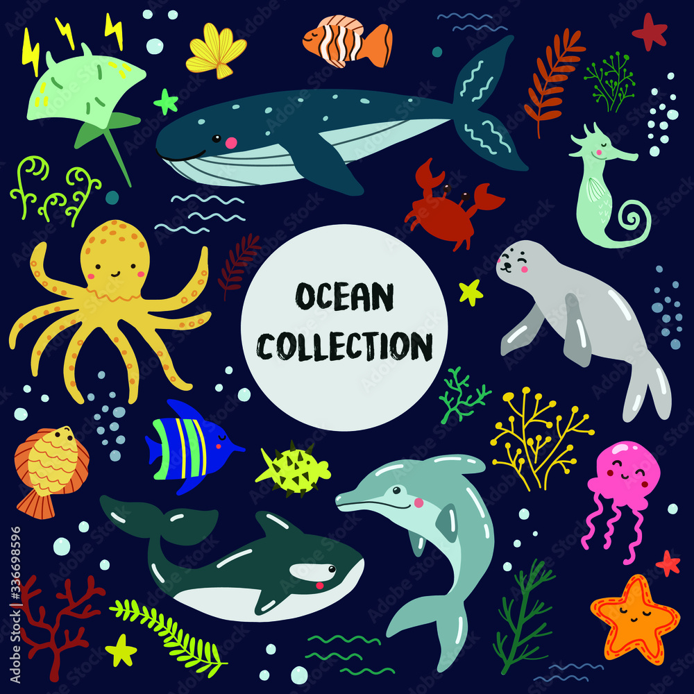 Ocean collection clipart. Set of different animals and fishes living in ...