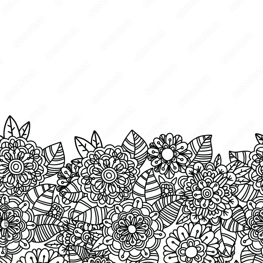 Floral zentangle style seamless hand drawn border. Wavy doodle frame ...
