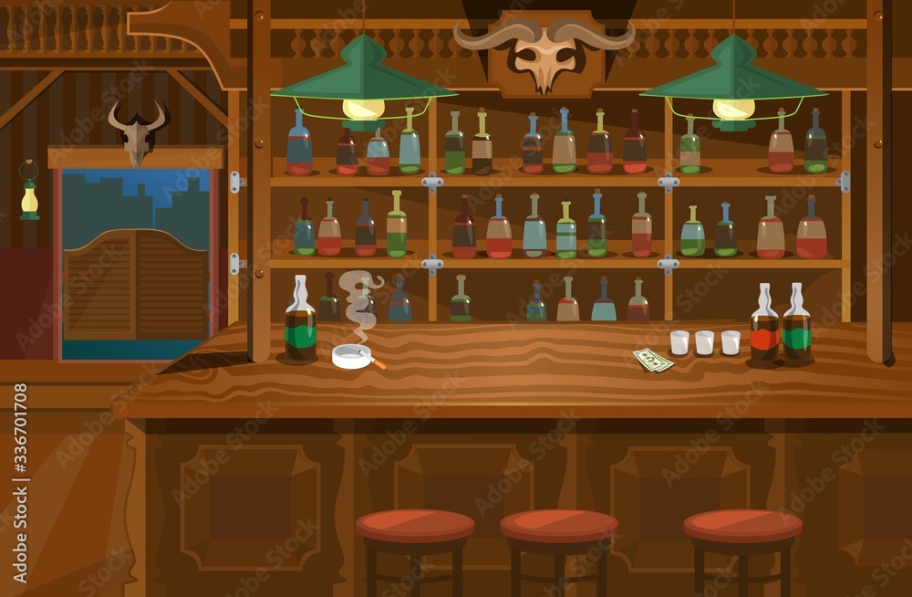 Cowboy interior wild west atmosphere wooden bar vector illustration ...