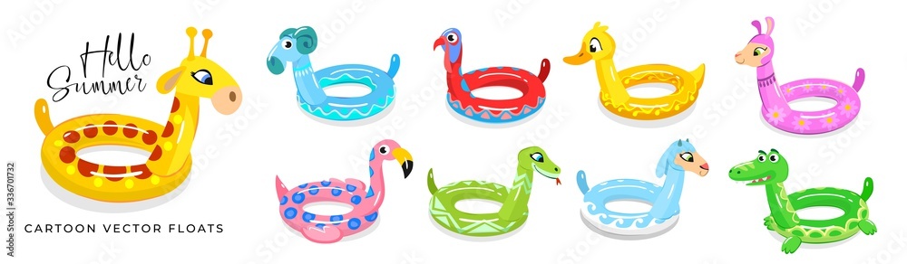 Cartoon summer inflatable animal floats set vector illustration ...