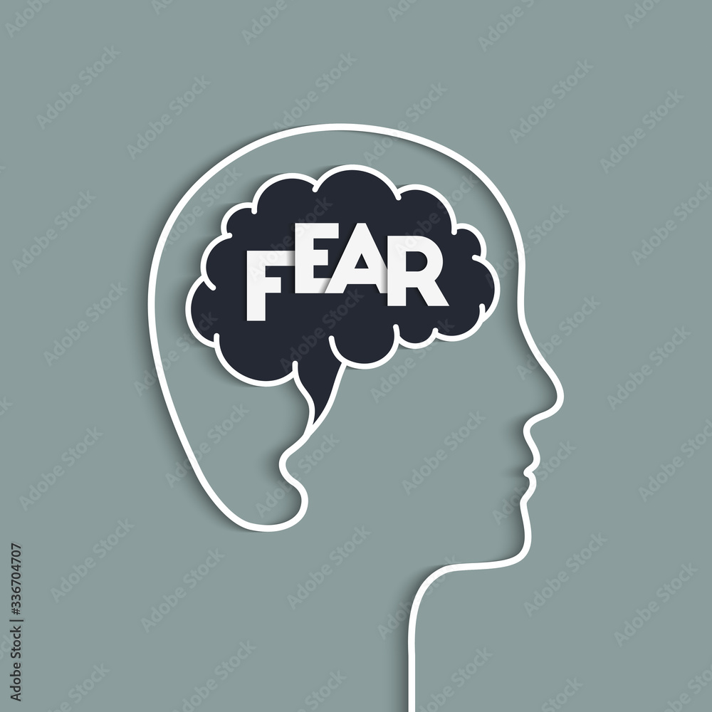 Fear concept with head, brain and letters. Worry, being worried, scared ...