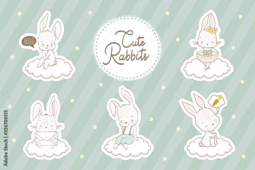 Cartoon rabbits stickers collection. Hand drawn icon design ...