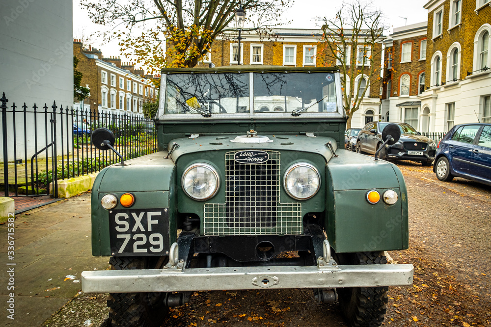 LONDON- DECEMBER, 2019: Classic Land Rover Series model, an old version ...