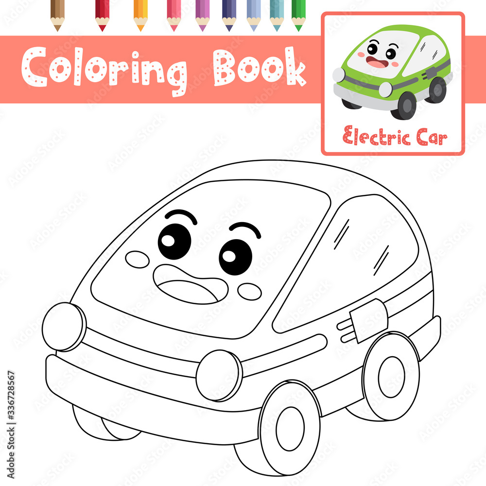 Coloring page Electric Car cartoon character perspective view vector ...