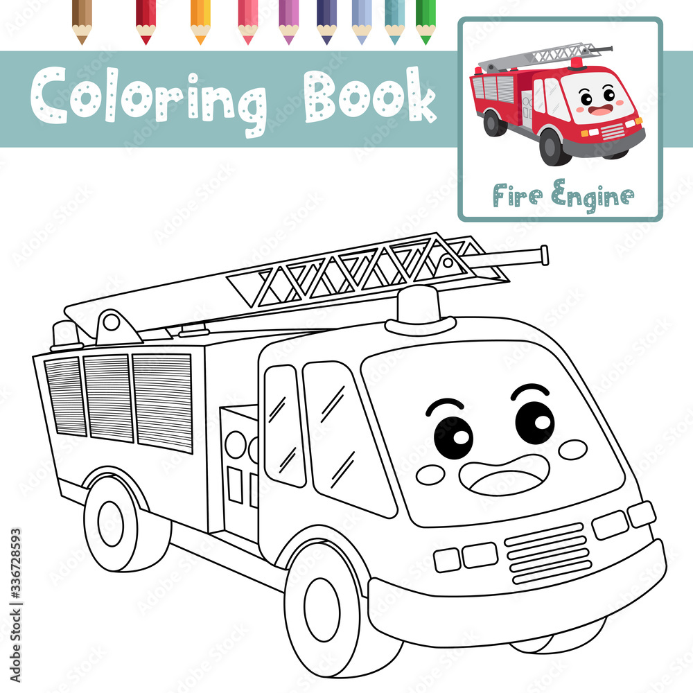 Coloring page Fire Engine cartoon character perspective view vector ...