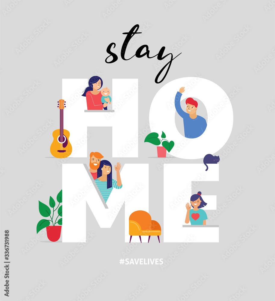 Stay at home, concept design. Different types of people look out and ...