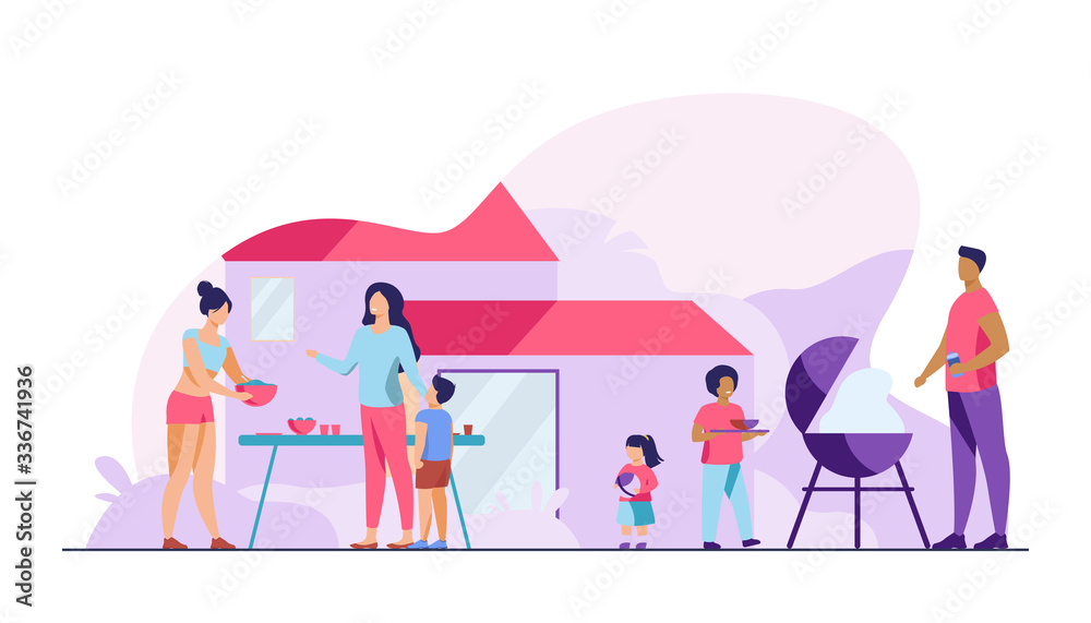 Family on BBQ party on backyard flat vector illustration. Happy ...