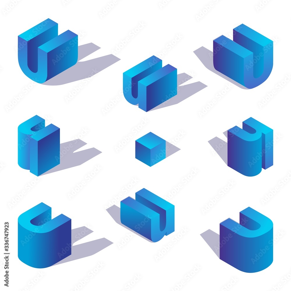 English alphabet. Isometric letter U with shadow drawn with blue ...