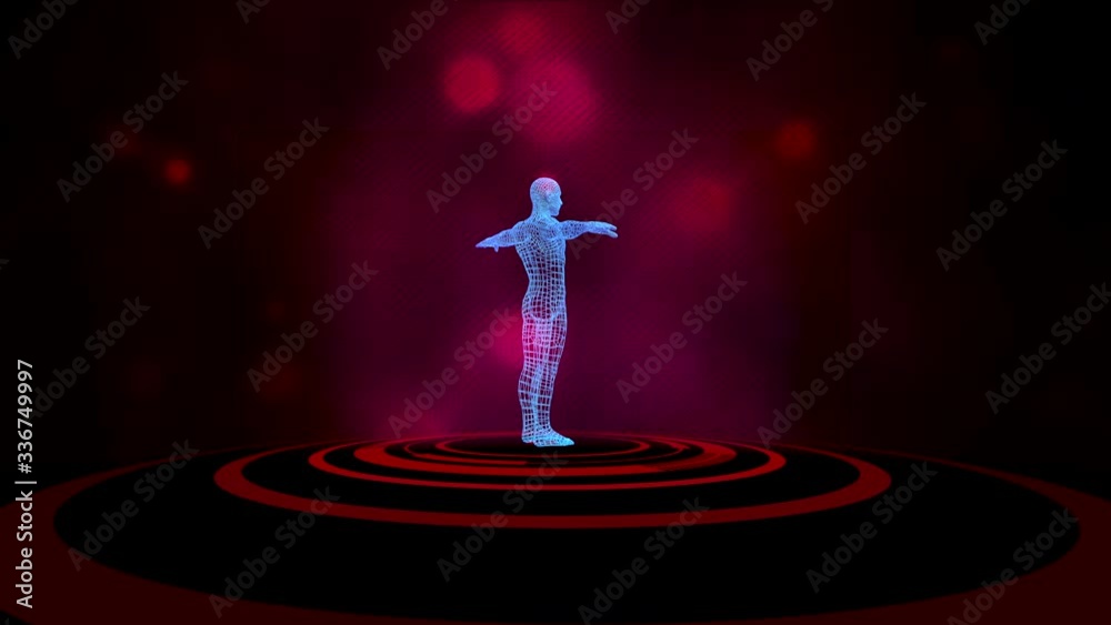 3D human avatar turning on virtual projection of red hud scape over ...