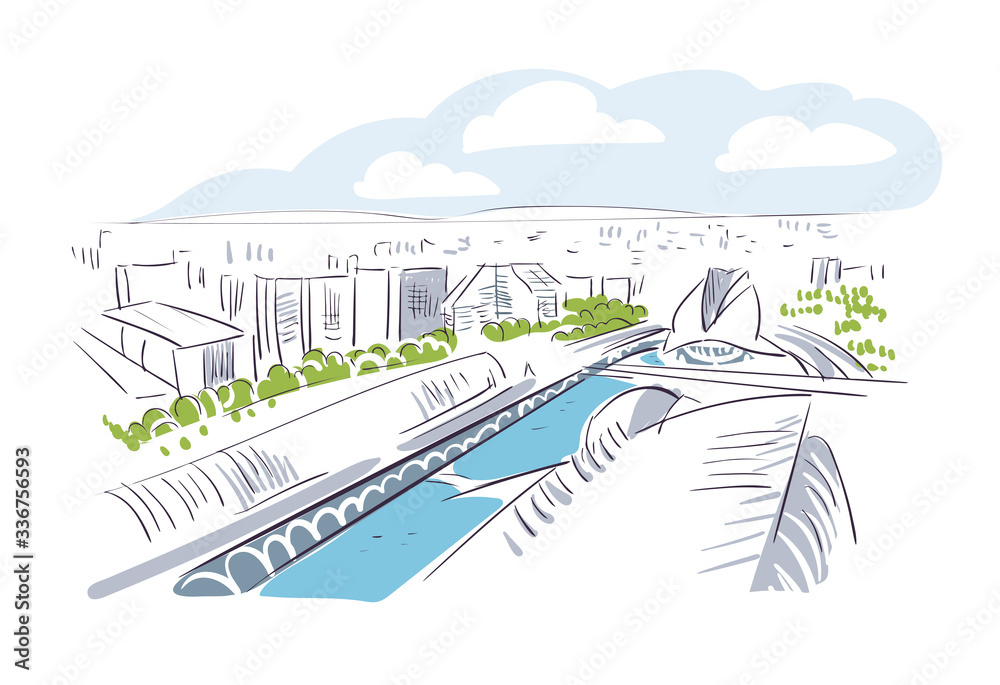 Valencia Spain Europe vector sketch city illustration line art Stock ...