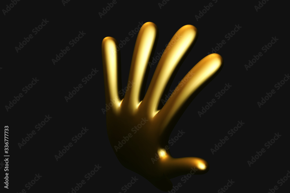 3D golden cartoon hand raised in welcoming gesture on black background ...
