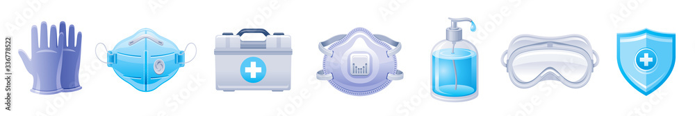 PPE icon set. Corona virus Covid 19 protect equipment. Respirator ...
