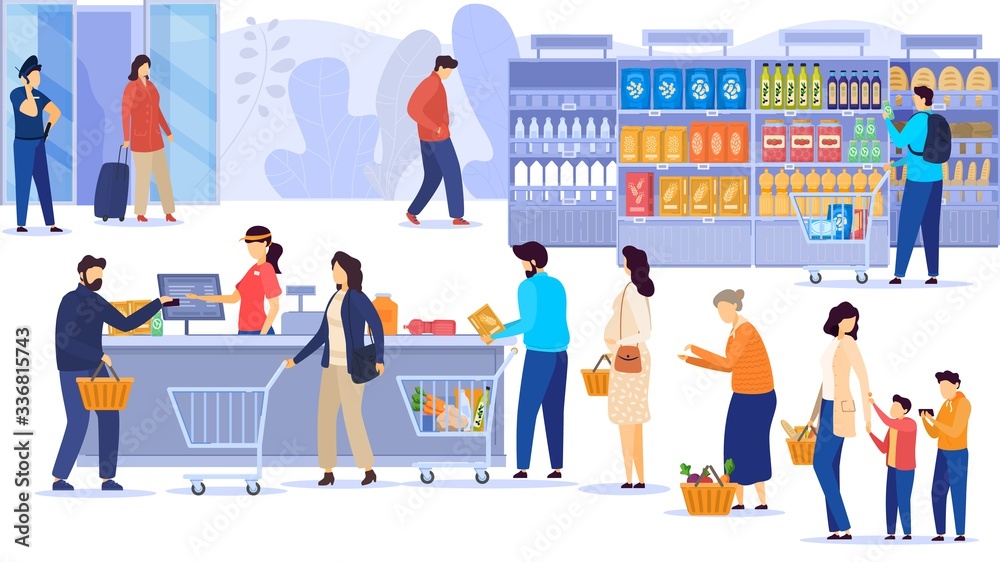 People in supermarket, line at cash desk, grocery store customers ...