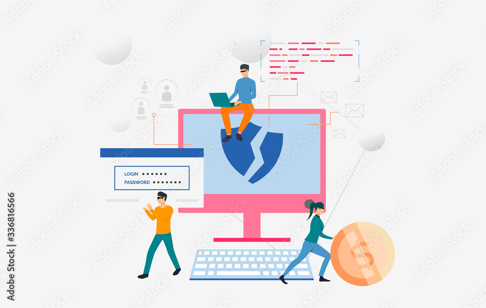 Cybercrime team hacking into computer. Cartoon hackers carrying ...