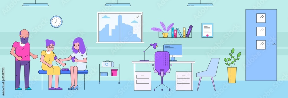 Senior people visit doctor vector illustration. Cartoon line flat ...
