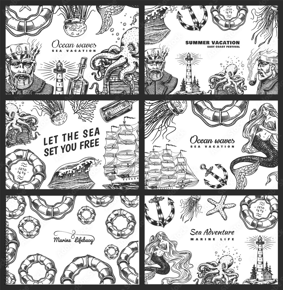 Nautical Posters set. Sea banners or backgrounds. Lighthouse, mermaid ...