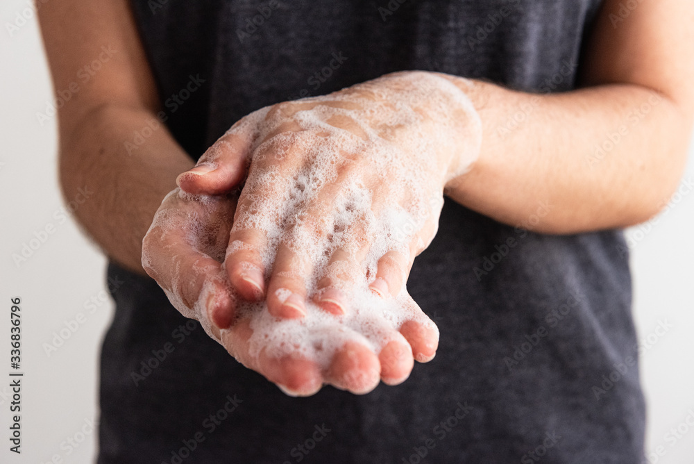 Woman's hand close showing 6-steps of lathering and washing hands of ...