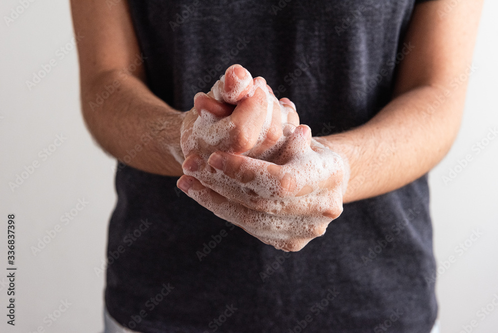 Woman's hand close showing 6-steps of lathering and washing hands of ...