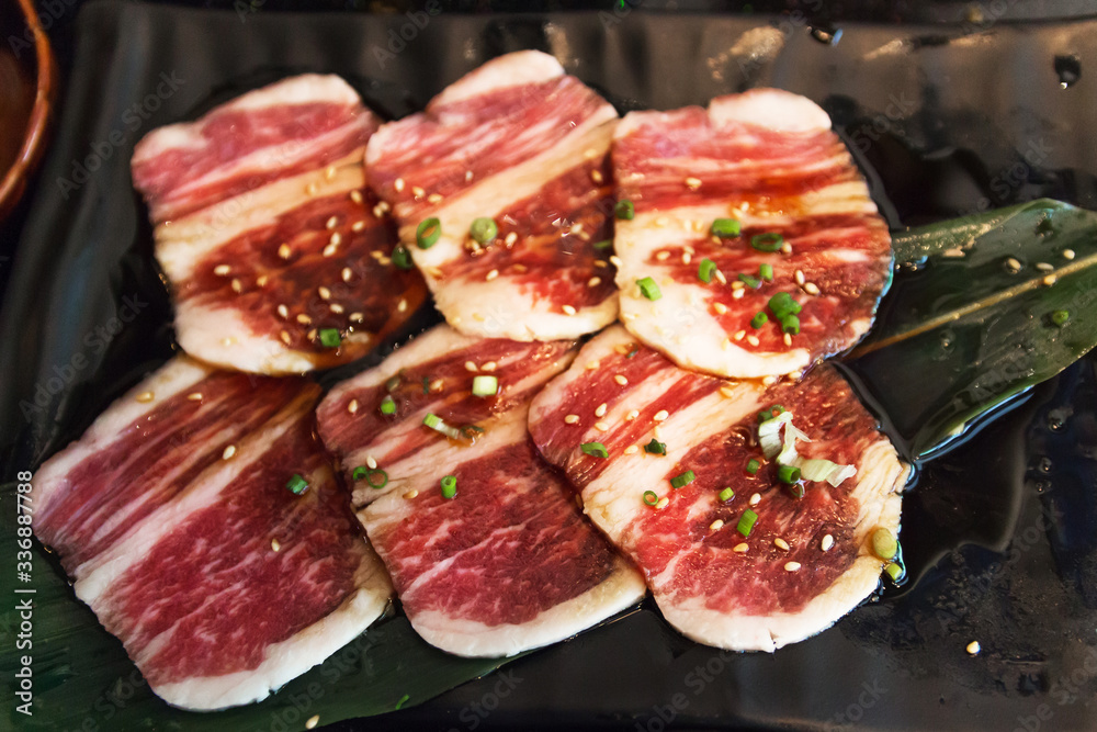 Premium raw beef sliced set; wagyu, chuck, tongue tenderloin, strip ...