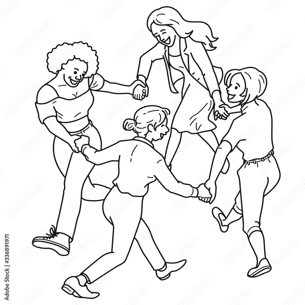 Group of women holding hands, joining together dance in circle, in ...