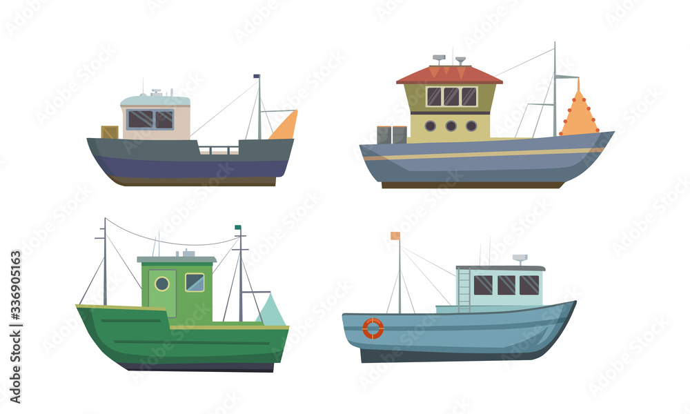 Set of commercial sea fishing trawlers vessels. Vector illustration in ...