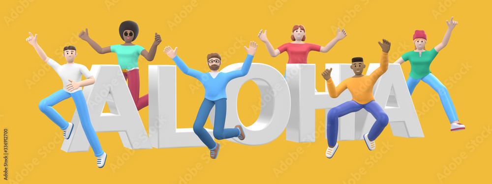 The word aloha on a yellow background. Group of young multicultural ...