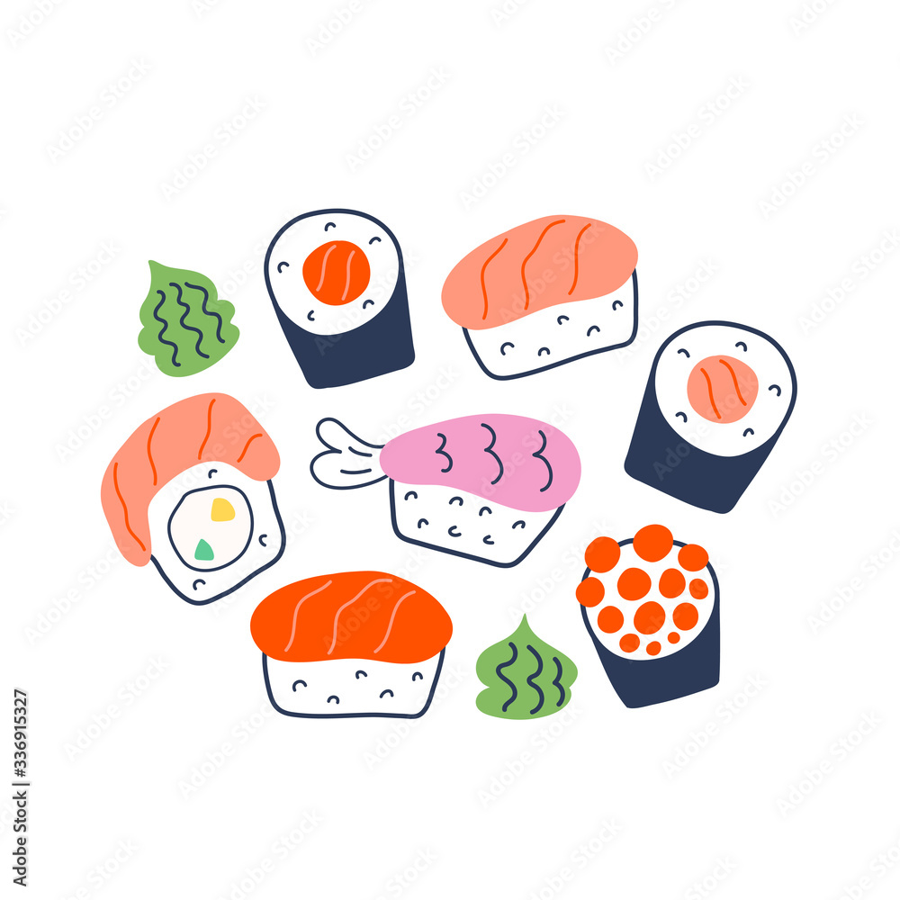 Various sushi rolls, doodle maki, philadelphia and nigiri with salmon ...