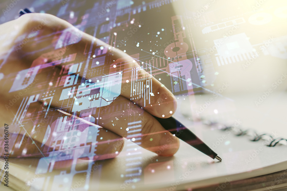 Multi exposure of abstract programming language hologram with man hand ...