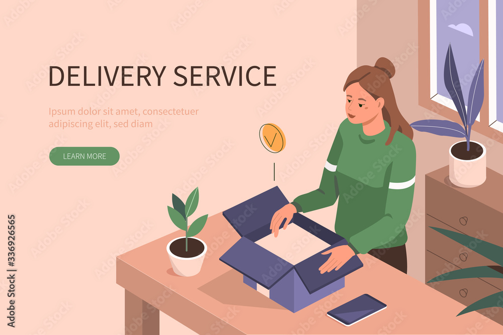 Woman Opening Cardboard Parcel Box at Home. Happy Customer Receiving ...