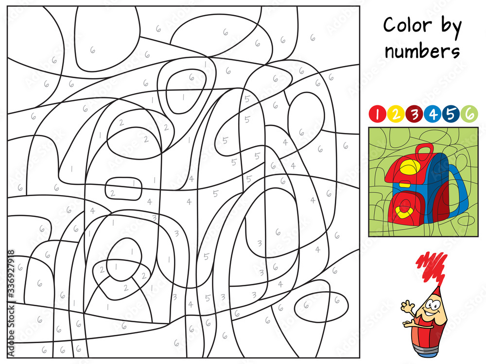 Schoolbag. Color by numbers. Coloring book. Educational puzzle game for ...