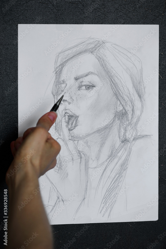 Sketch drawing sketch of a girl showing the middle finger and licking ...
