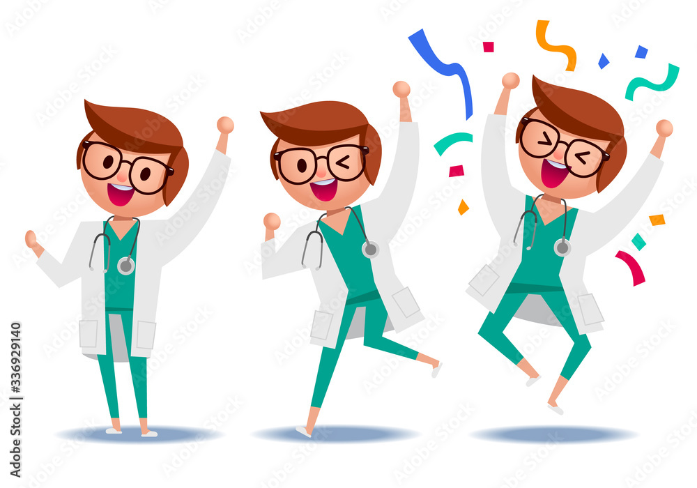 Vector set of cute doctor character wearing gown suit in happy, glad ...