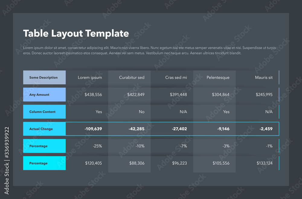 Modern business table layout template - dark version. Flat design, easy ...