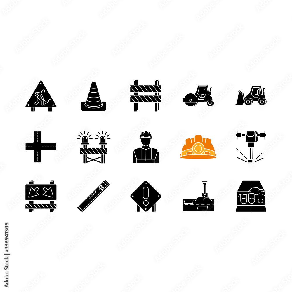 Road works black glyph icons set on white space. Roadsign for ...