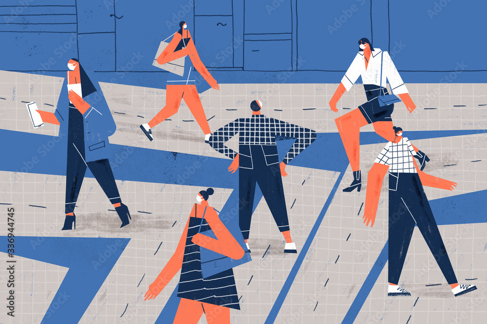 Adults and businesspeople walking down sidewalk keeping safe distance ...