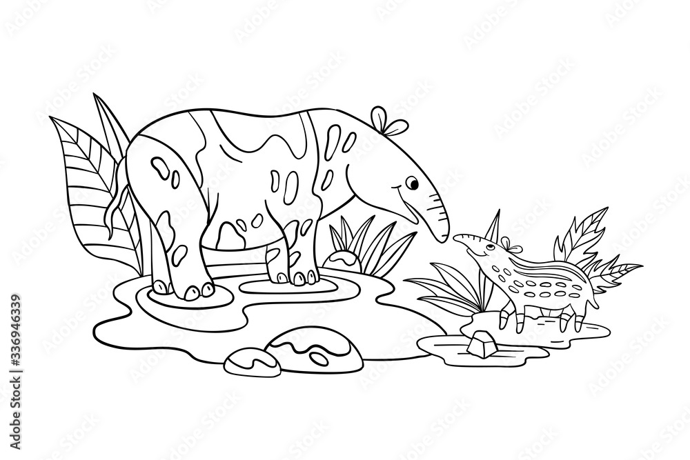 Vector coloring page with funny tapir and its baby. Cute outline ...