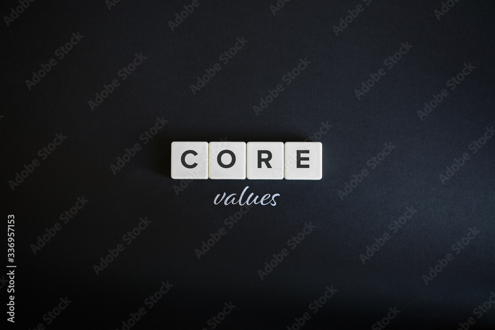 Core values concept. Block letters and cursive typography on black ...