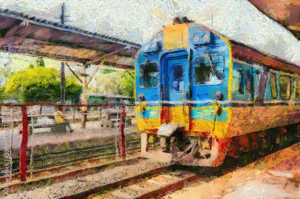 Diesel trains of Thai trains parked at the train station Illustrations ...