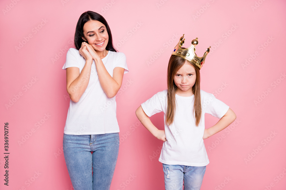 Photo of overjoyed obsessed mommy watching little angry spoiled ...