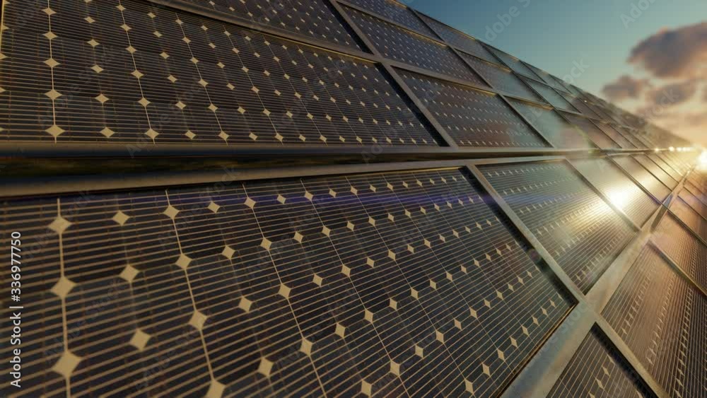 Close up of solar power panels farm against timelapse sunrise, 4K vídeo ...