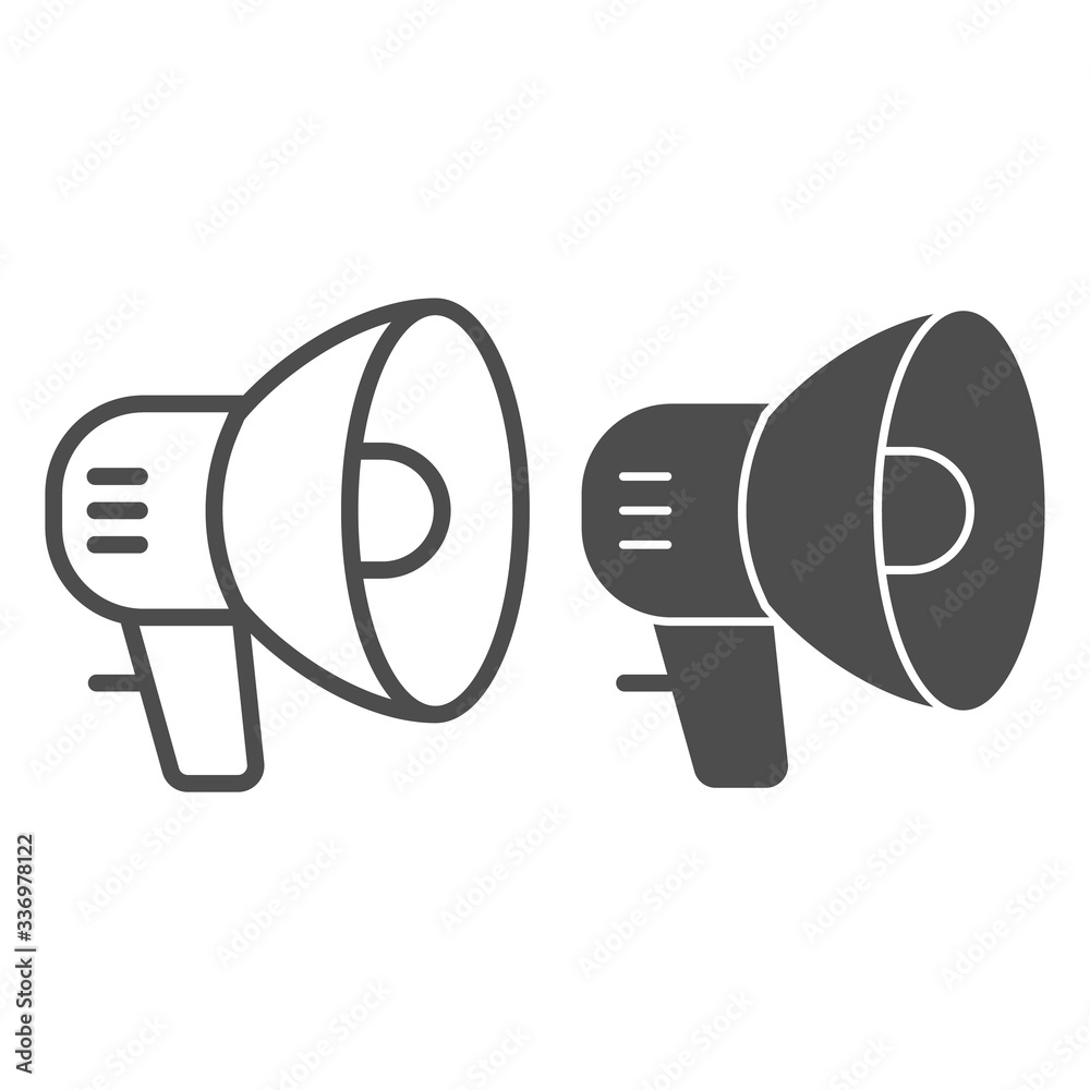 Loudspeaker line and solid icon. Megaphone device emergency alarm ...