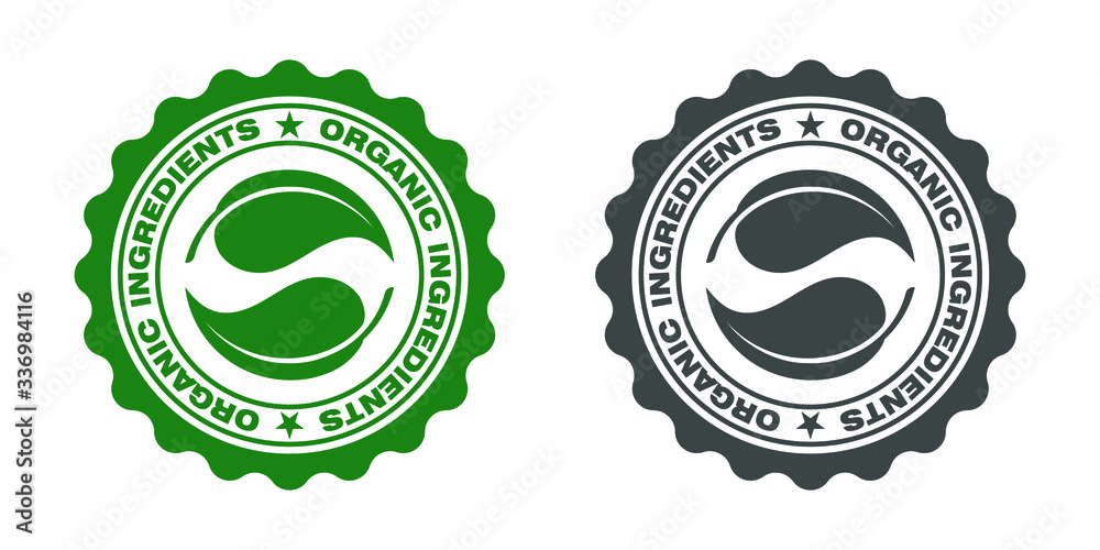 Organic ingredients label stamp. Green leaves plants as symbol natural ...