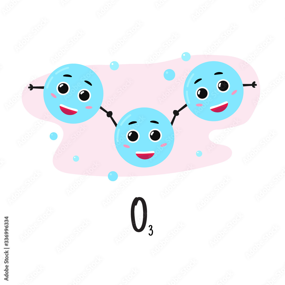 Structure of ozone molecule. Oxygen atom. Cartoon cute character. Study ...