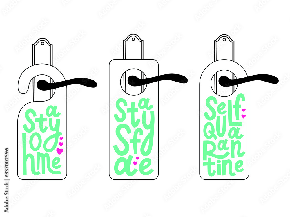 Vector set of hotel doors and hangers. Self quaratine, stay home and ...