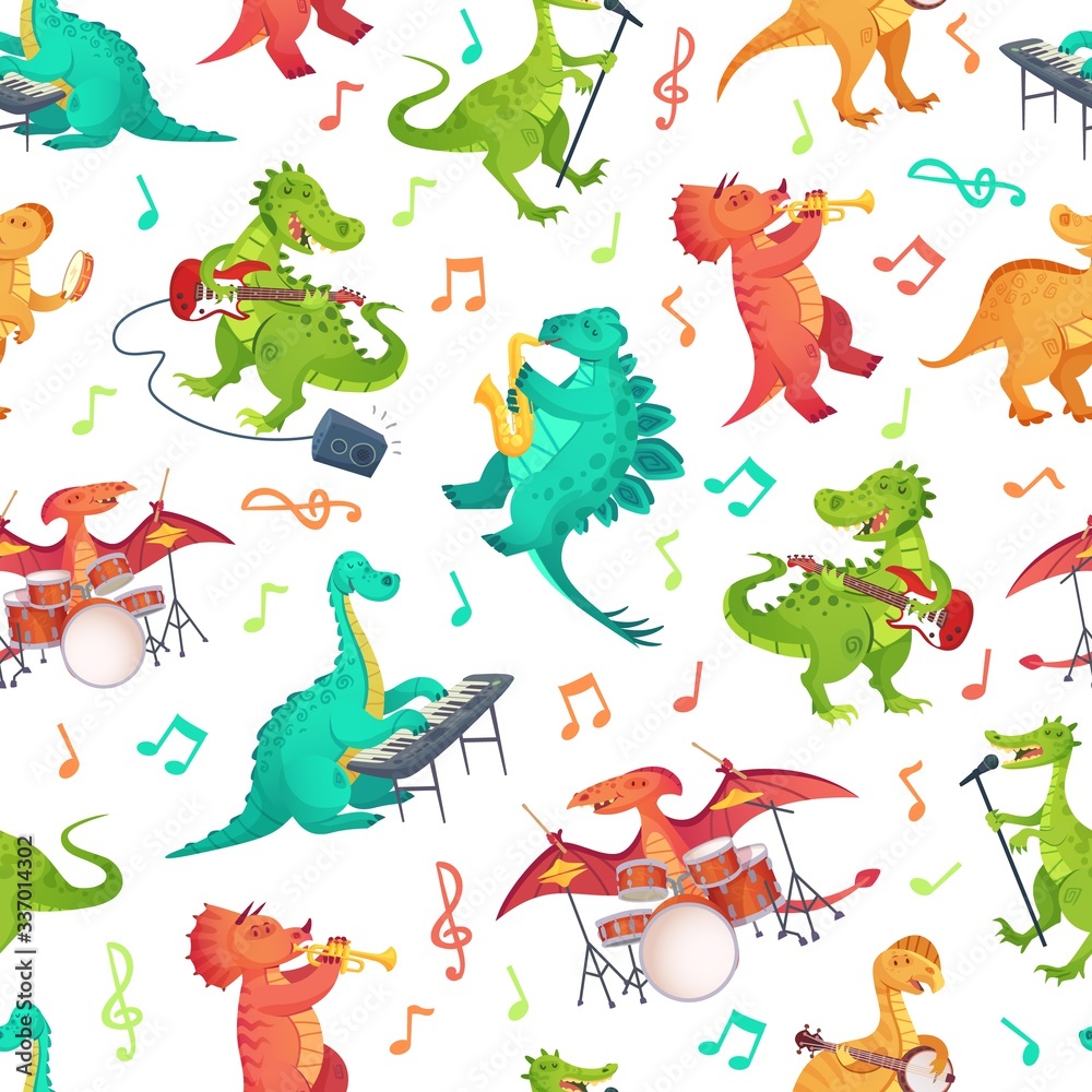 Seamless cartoon music dinosaurs pattern. Dino band, cute dinosaur ...