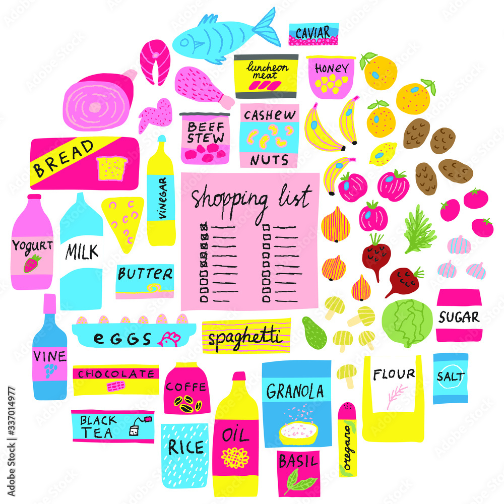 Collection set of grocery stuff. Shopping list. Isolated on white ...