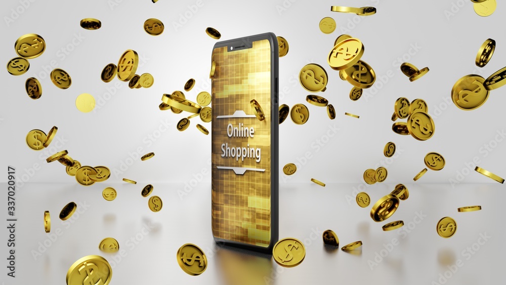 8K Online Shopping 3D render Smartphone and Golden Dollar Coins Falling ...