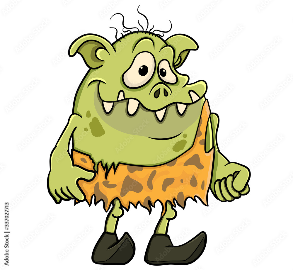 Cartoon green troll in the clothes of a prehistoric man. isolated on ...