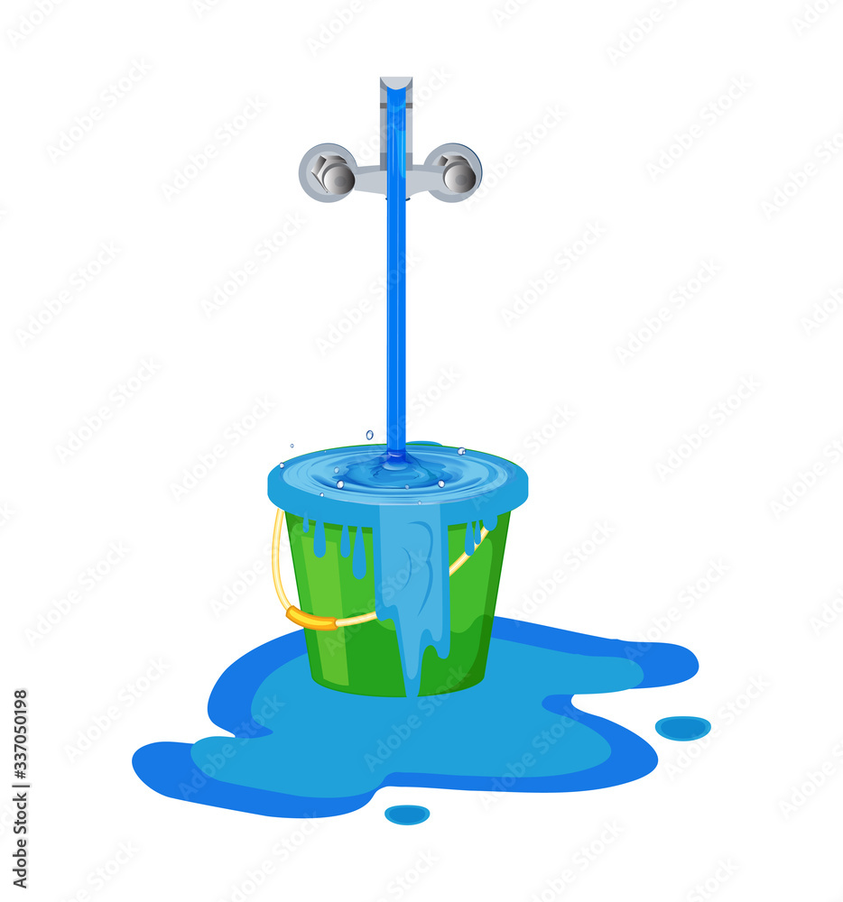 Wastage of water theme. Wastage of water from running tap as bucket is ...