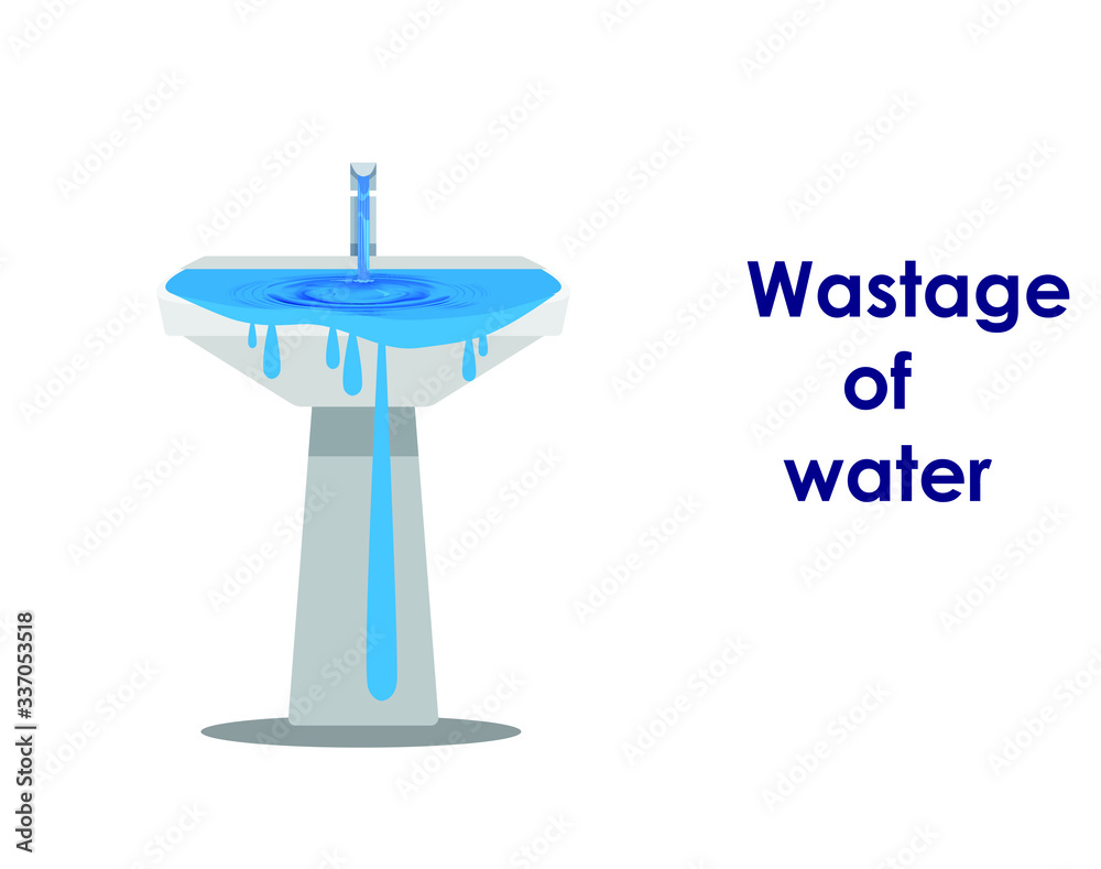 Wastage of water theme. Wastage of water from running tap as sink is ...